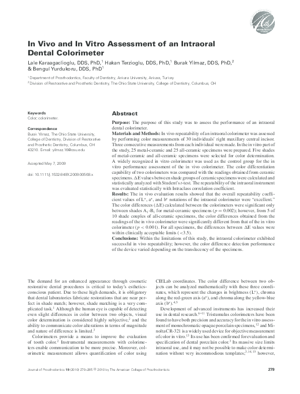 (PDF) In Vivo and In Vitro Assessment of an Intraoral Dental Colorimeter