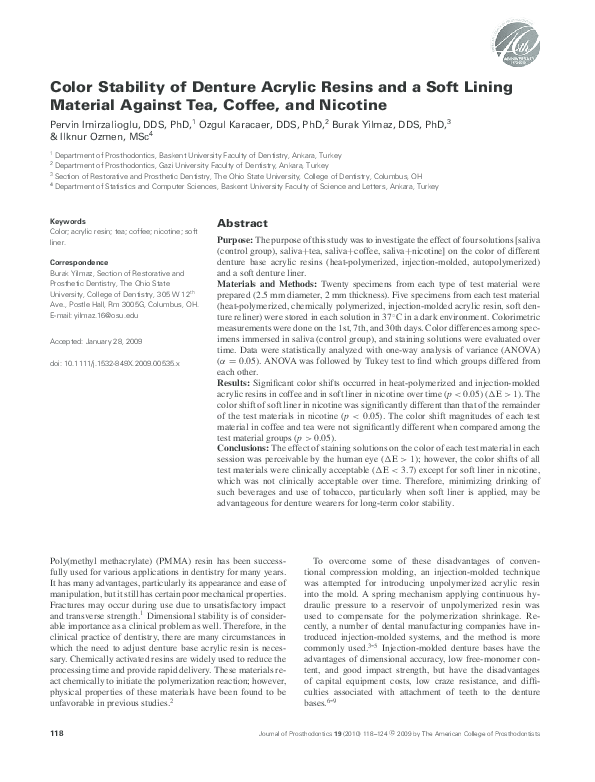 Color Stability of Denture Acrylic Resins and a Soft Lining Material ...