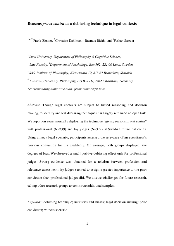 (PDF) Reasons pro et contra as a debiasing technique in legal contexts