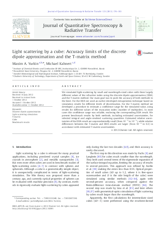 (PDF) Light scattering by a cube: accuracy limits of the discrete dipole approximation and the T ...