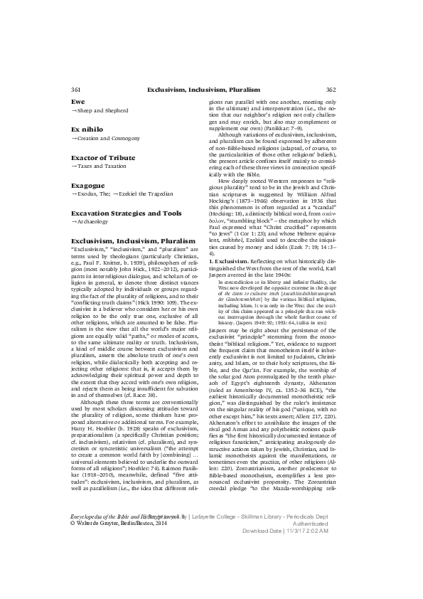 (PDF) “Exclusivism, Inclusivism, Pluralism,” in EBR 8 (2014): cols. 361–66