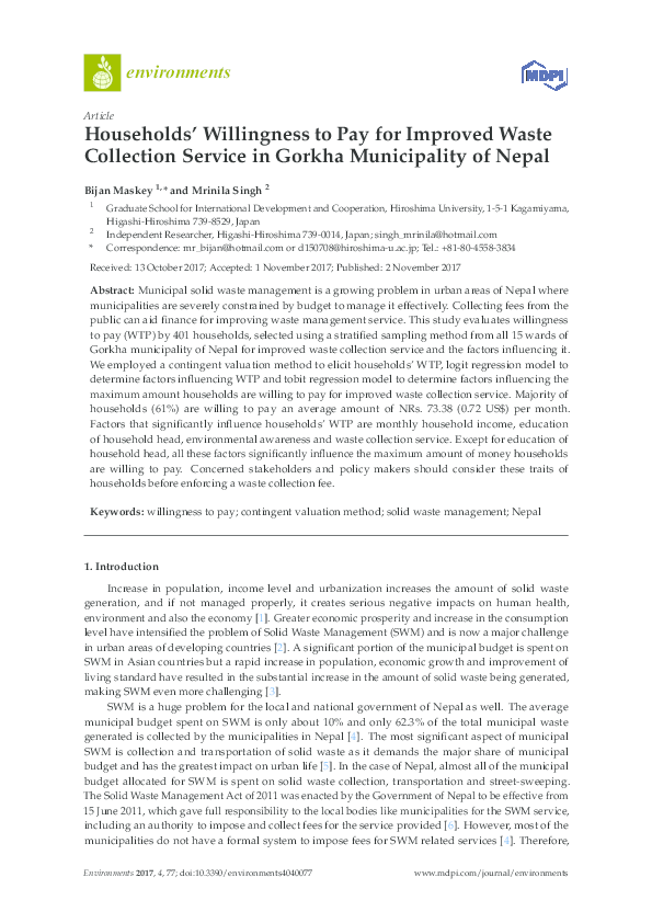 (PDF) Households' Willingness to Pay for Improved Waste Collection Service in Gorkha ...