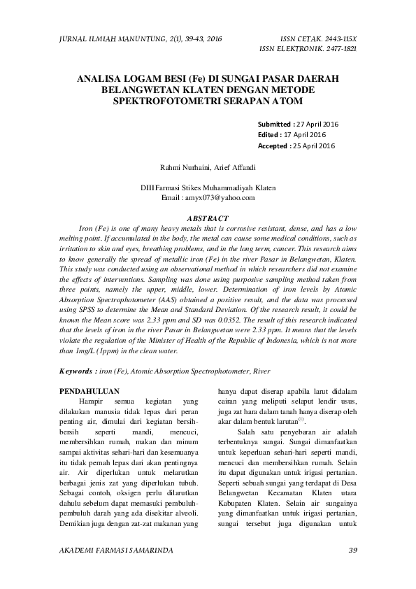 (PDF) ANALISA LOGAM BESI (Fe) DI SUNGAI PASAR DAERAH BELANGWETAN KLATEN DENGAN METODE ...