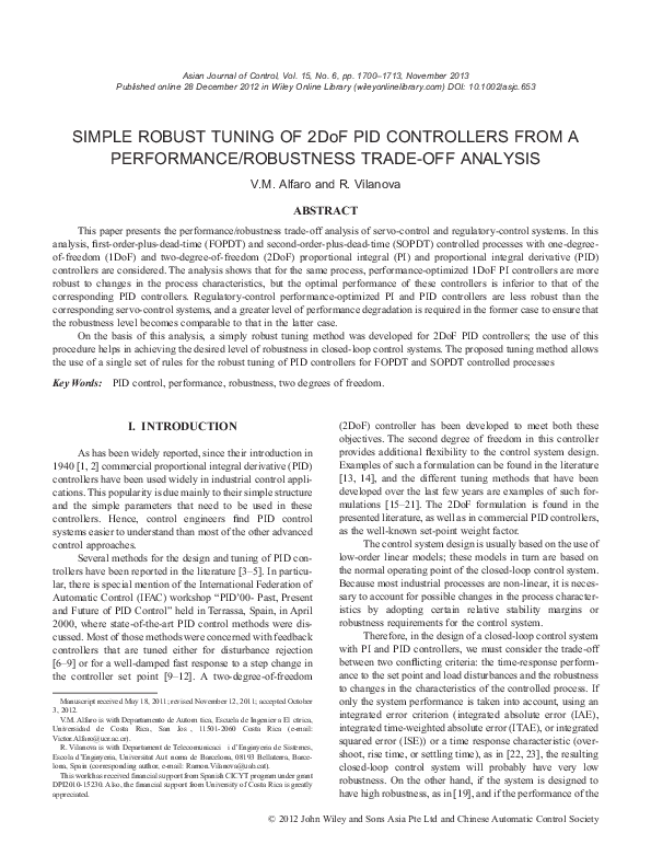 Pdf Simple Robust Tuning Of 2dof Pid Controllers From A Performancerobustness Trade Off Analysis 
