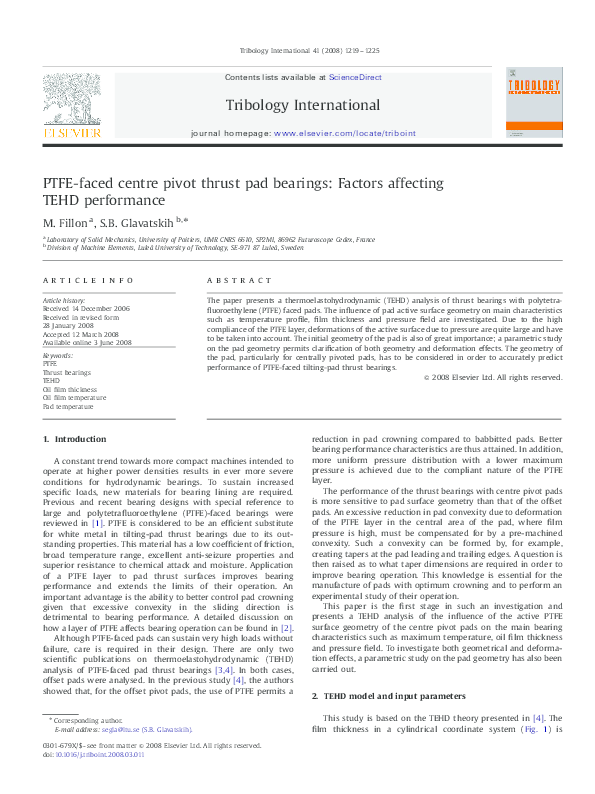 (PDF) PTFE-faced centre pivot thrust pad bearings: Factors affecting TEHD performance | Michel ...