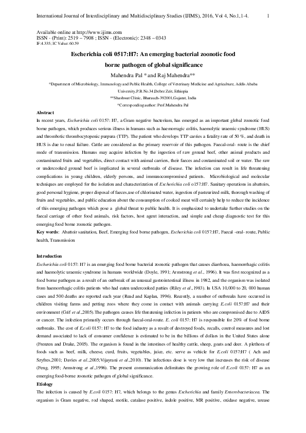 (PDF) Escherichia coli 0517:H7: An emerging bacterial zoonotic food ...