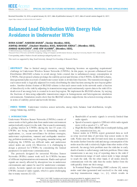 Pdf Balanced Load Distribution With Energy Hole Avoidance In Underwater Wsns Nadeem Javaid