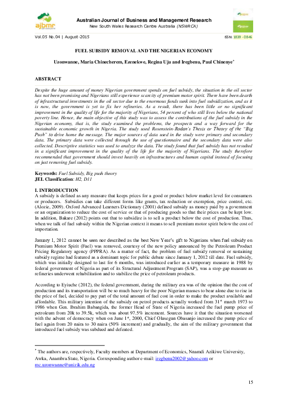 (PDF) FUEL SUBSIDY REMOVAL AND THE NIGERIAN ECONOMY