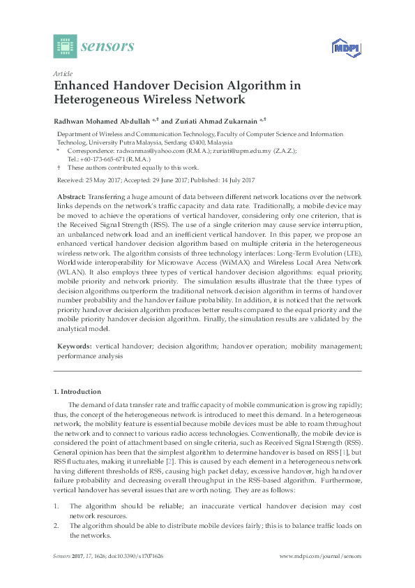 Pdf Enhanced Handover Decision Algorithm In Heterogeneous Wireless Network Catherine Protas