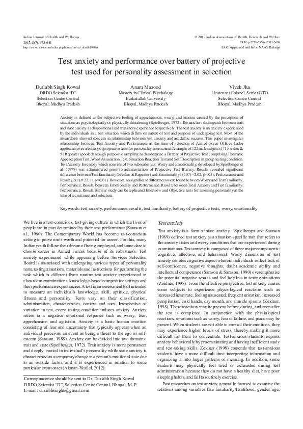 (PDF) Test Anxiety and Performance over Battery of Projective Test used ...