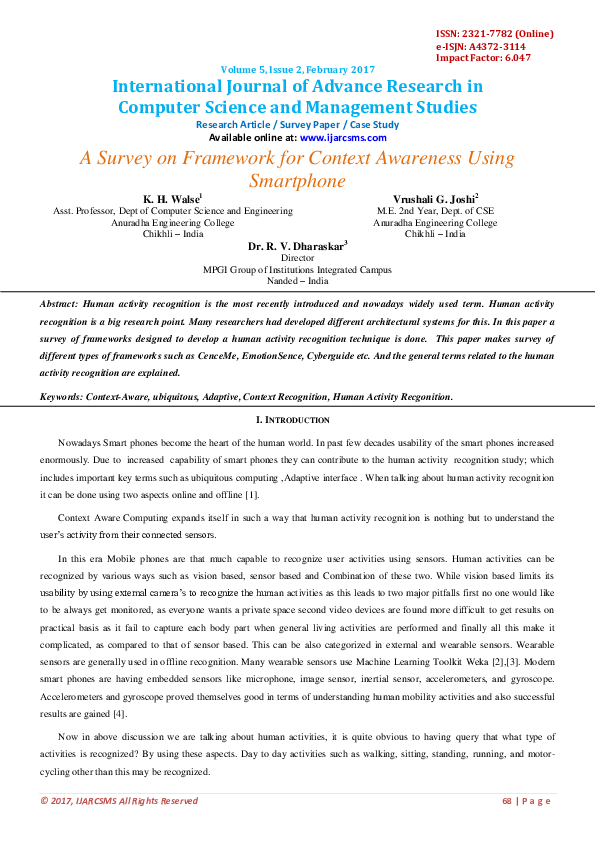 Pdf A Survey On Framework For Context Awareness Using Smartphon