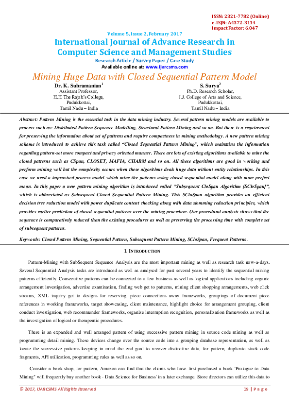 Pdf Mining Huge Data With Closed Sequential Pattern Model