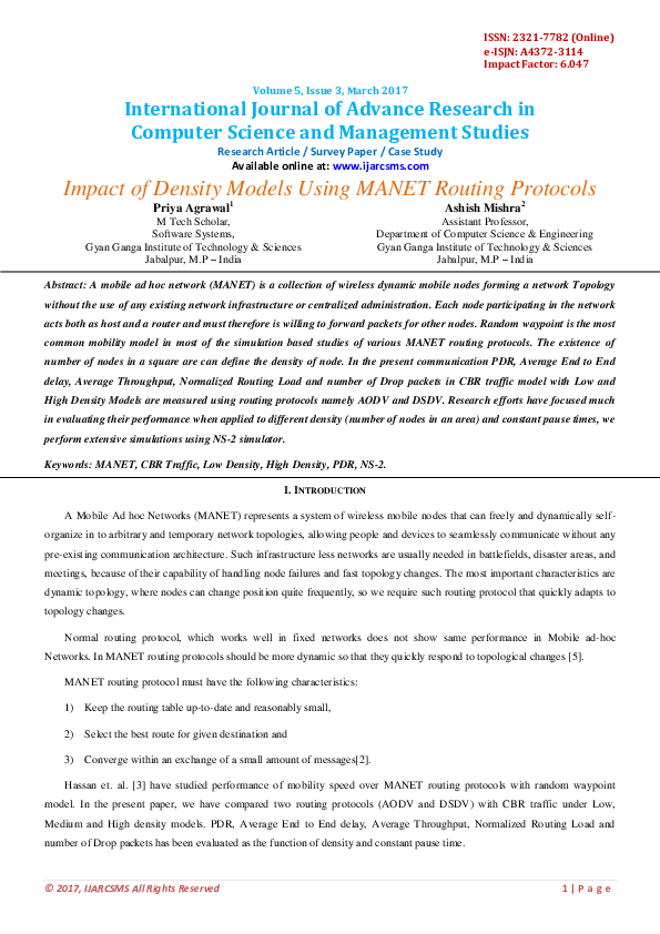 Pdf Impact Of Density Models Using Manet Routing Protocols