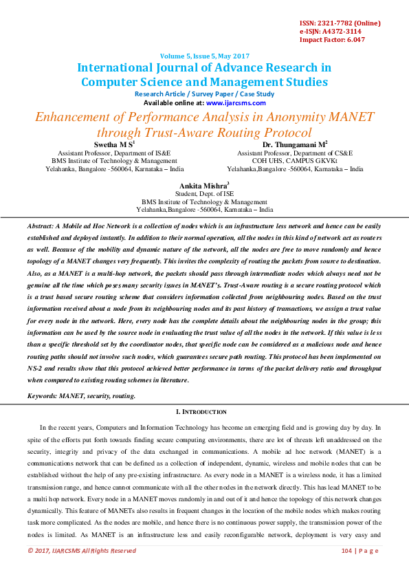 (PDF) Enhancement of Performance Analysis in Anonymity MANET through Trust-Aware Routing Protocol