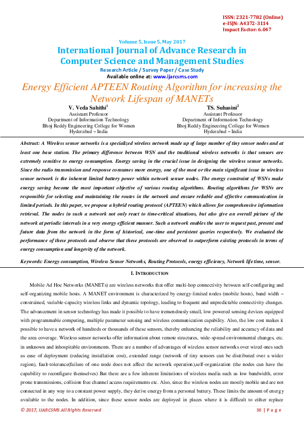 Pdf Energy Efficient Apteen Routing Algorithm For Increasing The