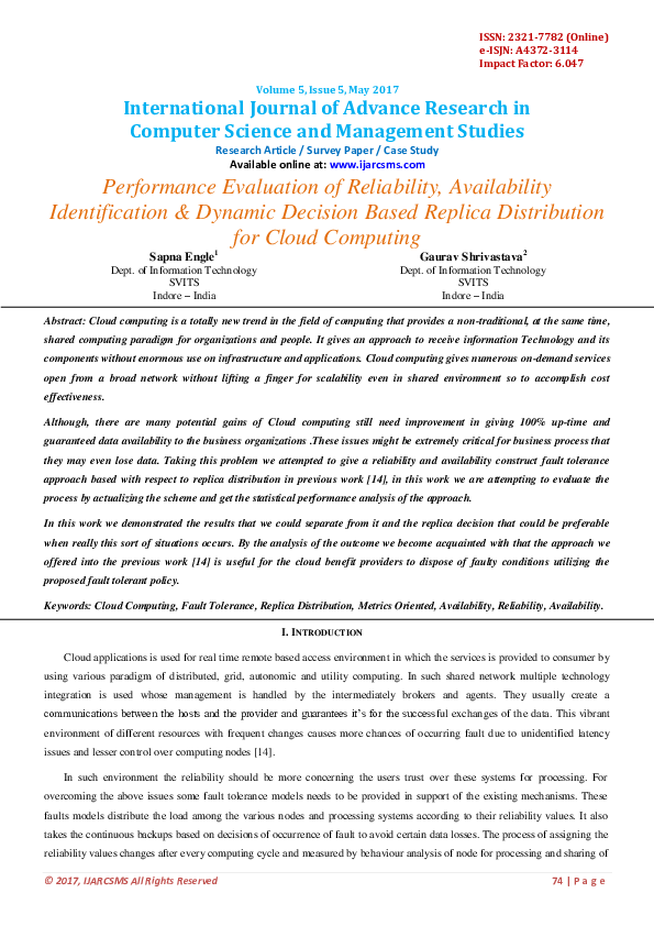 Pdf Performance Evaluation Of Reliability Availability Identification And Dynamic Decision