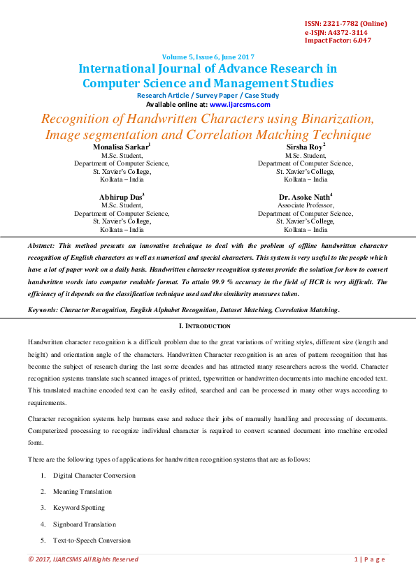 Pdf Recognition Of Handwritten Characters Using Binarization Image Segmentation And