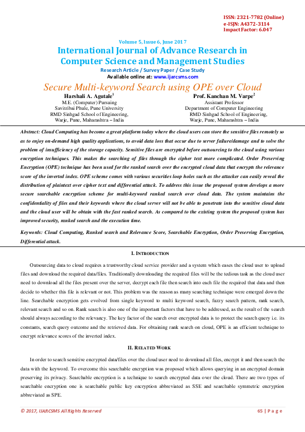(PDF) Secure Multi-keyword Search using OPE over Cloud