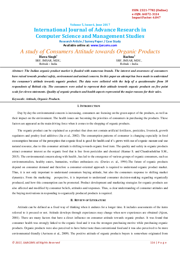 (PDF) A study of Consumers Attitude towards Organic Products