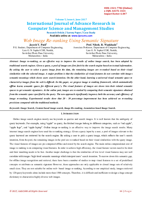 Pdf Web Image Re Ranking Using Semantic Signature