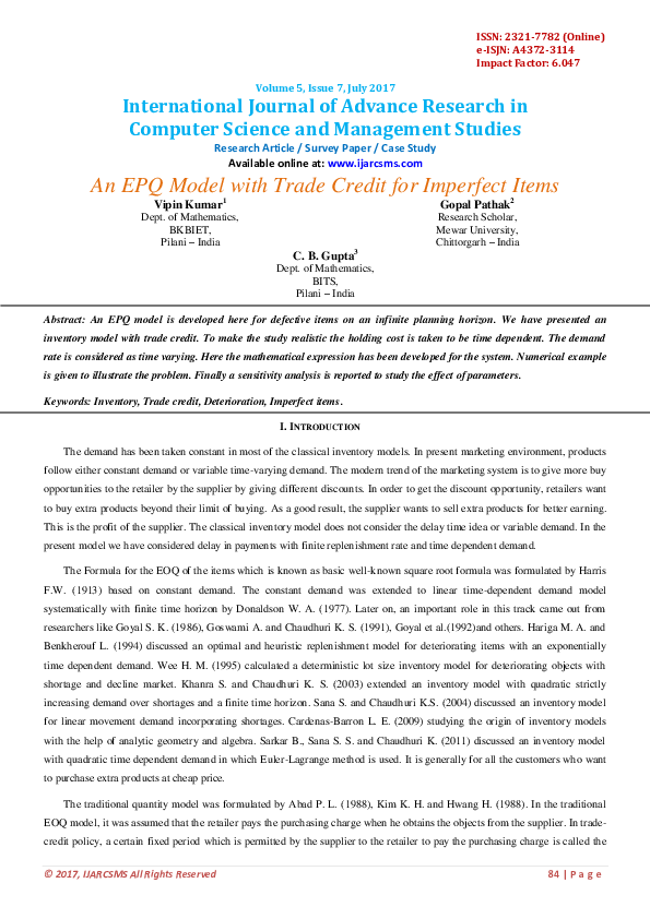 Pdf An Epq Model With Trade Credit For Imperfect Items