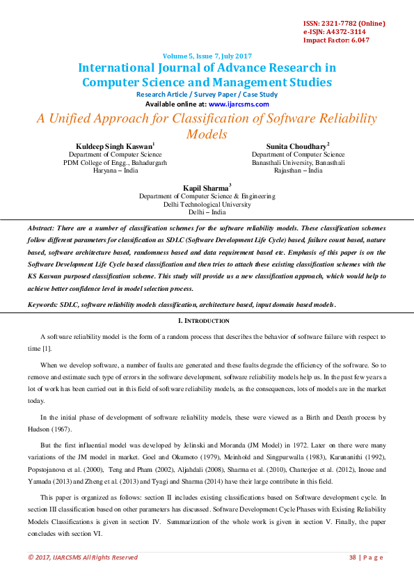 Pdf A Unified Approach For Classification Of Software Reliability Models