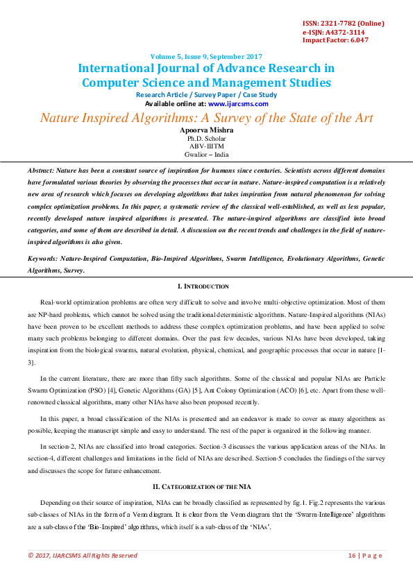 (PDF) Nature Inspired Algorithms: A Survey of the State of the Ar