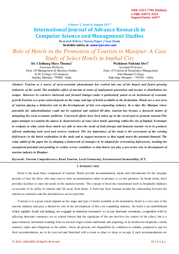 (PDF) Role of Hotels in the Promotion of Tourism in Manipur- A Case ...