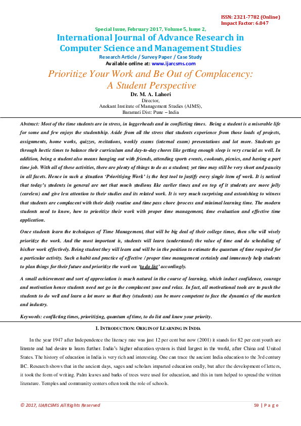 (PDF) Prioritize Your Work and Be Out of Complacency: A Student Perspective