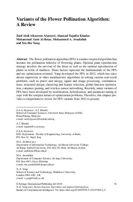 Pdf Variants Of The Flower Pollination Algorithm A Review