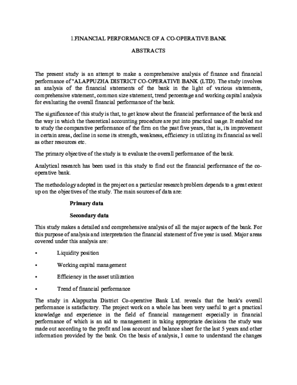 (PDF) FINANCIAL PERFORMANCE OF A CO OPERATIVE BANK