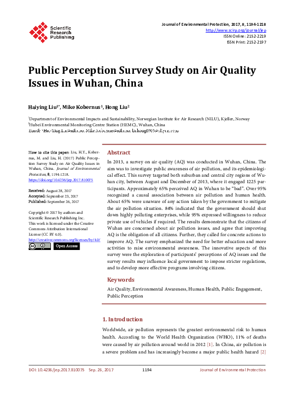 (PDF) Public Perception Survey Study on Air Quality Issues in Wuhan, China