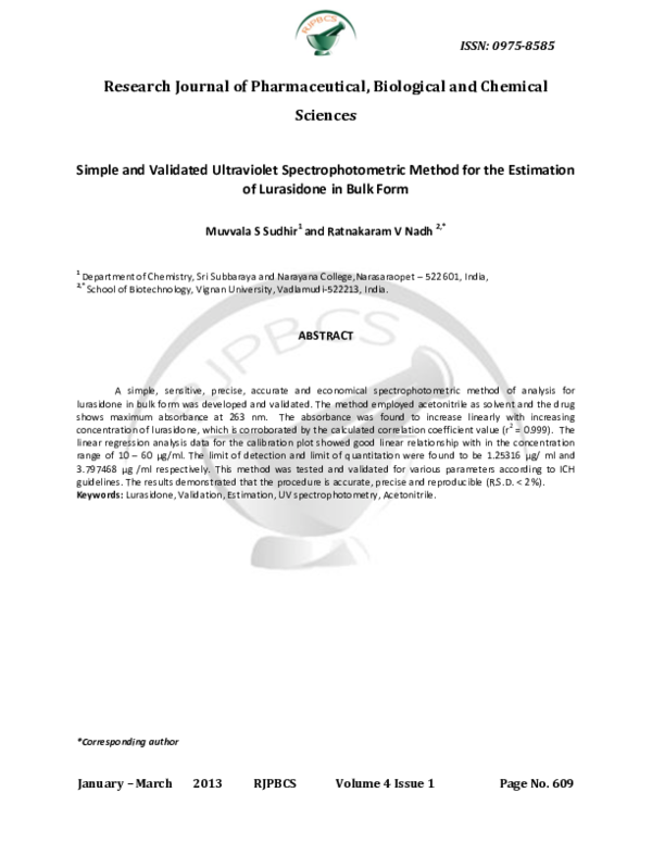 Pdf Simple And Validated Ultraviolet Spectrophotometric Method For The Estimation Of