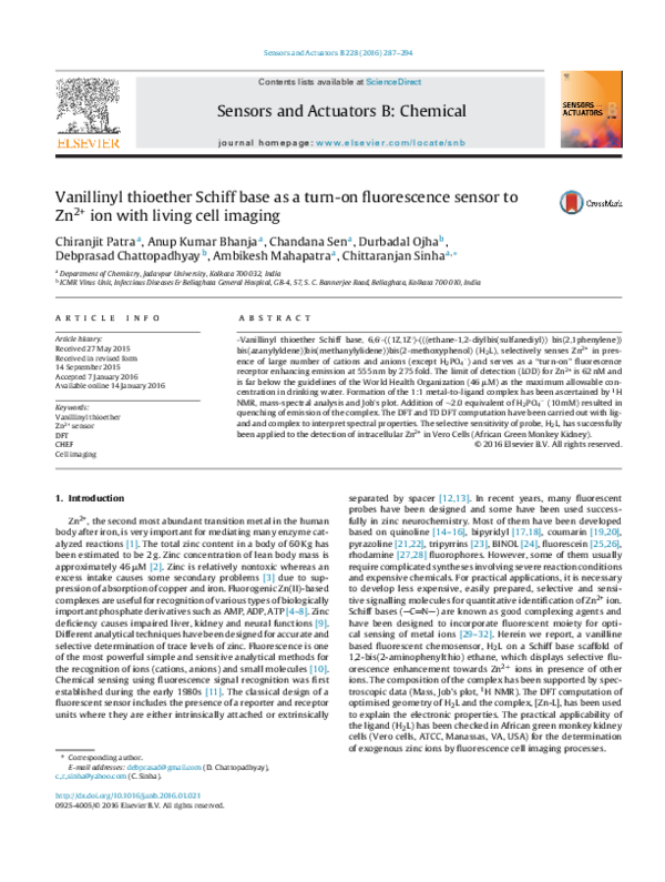(PDF) Vanillinyl thioether Schiff base as a turn-on fluorescence sensor to Zn 2+ ion with living ...