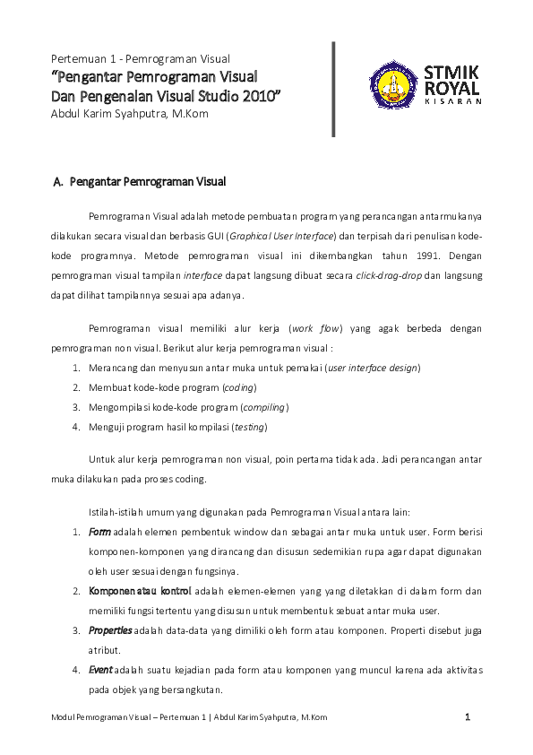 (PDF) Pemrograman Visual " Pengantar Pemrograman Visual Dan Pengenalan Visual Studio 2010