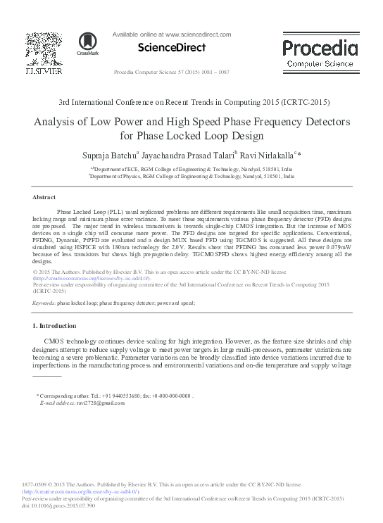 (PDF) Analysis of Low Power and High Speed Phase Frequency Detectors for Phase Locked Loop Design
