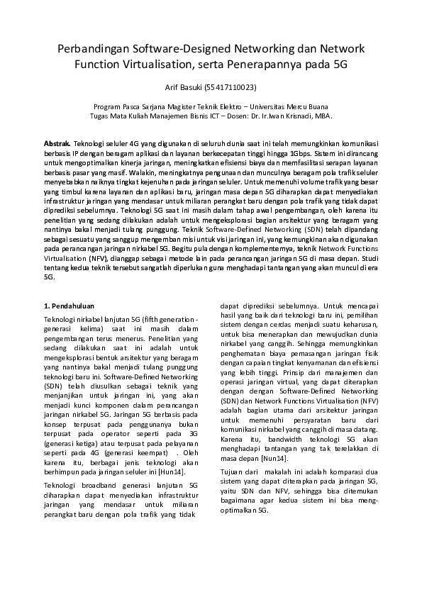 Pdf Perbandingan Software Designed Networking Dan Network Function Virtualisation Serta