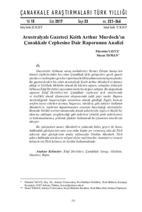 (PDF) "Avustralyalı Gazeteci Keith Arthur Murdoch’ın Çanakkale ...