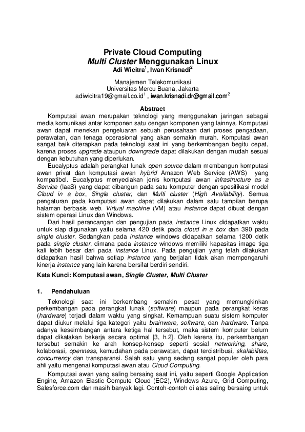 (PDF) Private Cloud Computing Multi Cluster Menggunakan Linux
