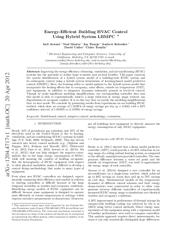 (PDF) Energy-Efficient Building HVAC Control Using Hybrid System LBMPC