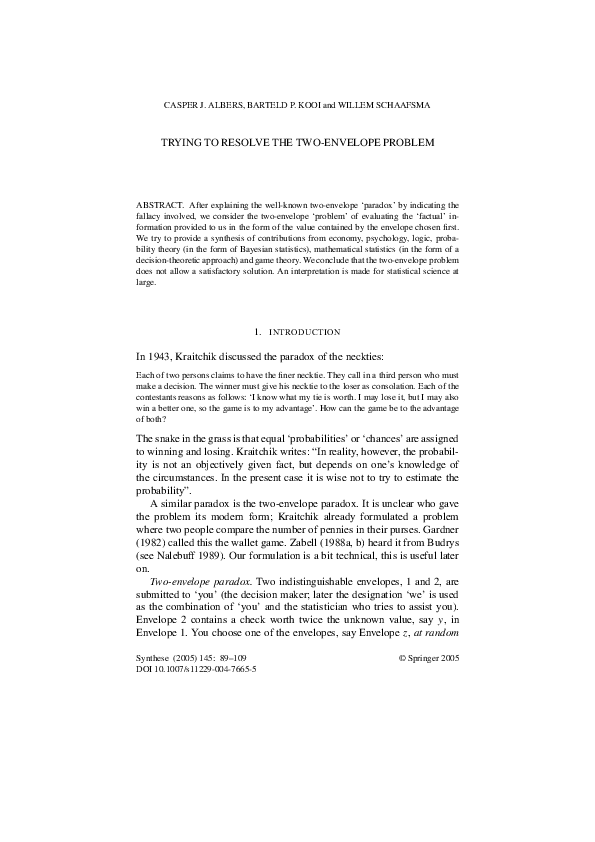 (PDF) Trying to Resolve the Two-Envelope Problem