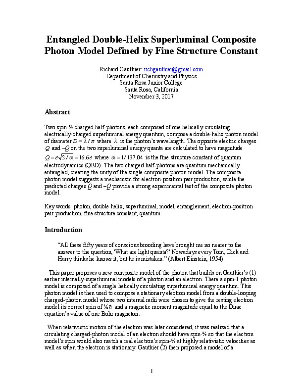 Pdf Entangled Double Helix Superluminal Composite Photon Model Defined By Fine Structure Constant