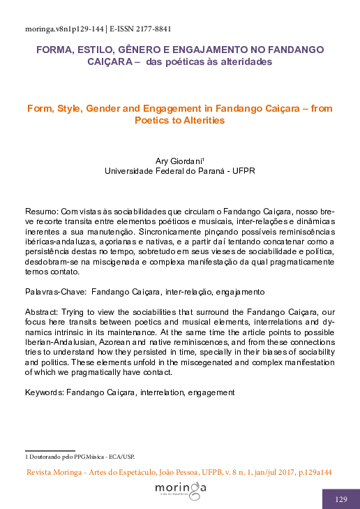 (PDF) FORMA, ESTILO, GÊNERO E ENGAJAMENTO NO FANDANGO CAIÇARA – das ...