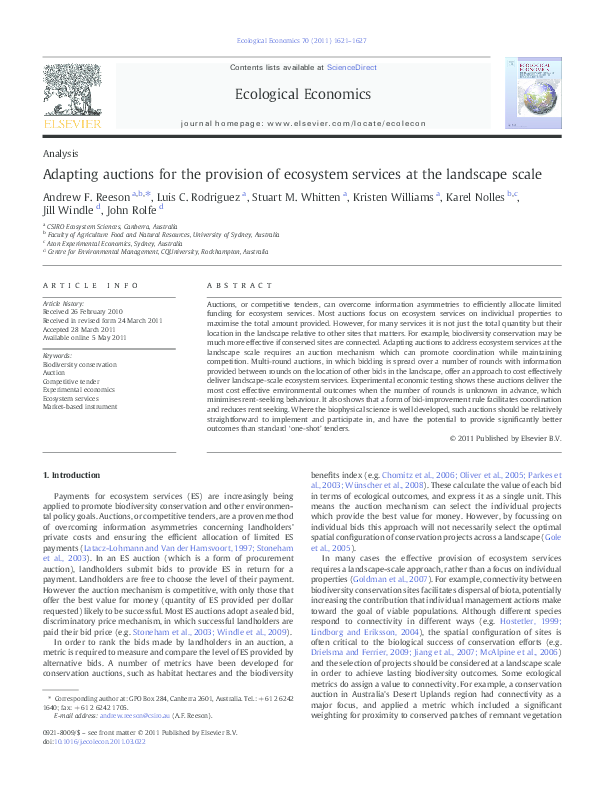 (PDF) Adapting auctions for the provision of ecosystem services at the ...