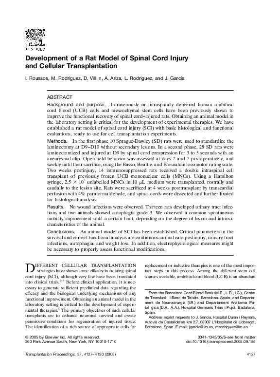 (PDF) Development of a Rat Model of Spinal Cord Injury and Cellular ...