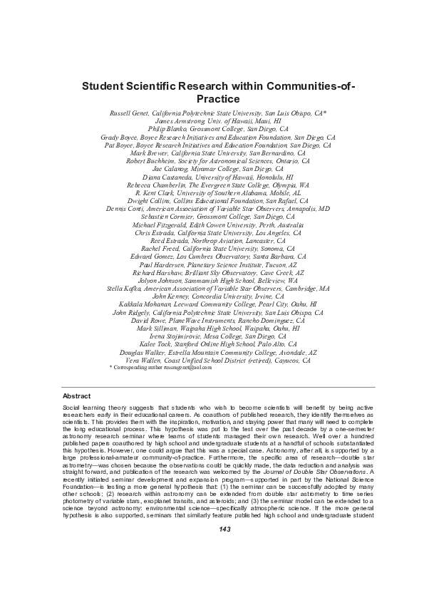 (PDF) Student Scientific Research within Communities-of- Practice