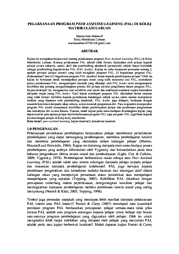 (PDF) PELAKSANAAN PROGRAM PEER ASSISTED LEARNING (PAL) DI KOLEJ ...