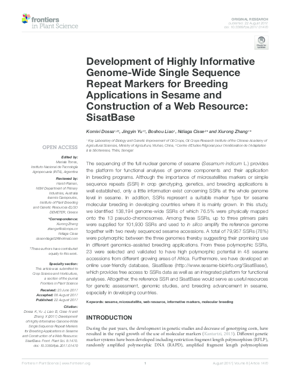 (PDF) Development of Highly Informative Genome-Wide Single Sequence Repeat Markers for Breeding ...