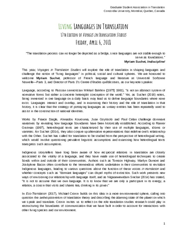 (PDF) Call for Papers - Living Languages in Translation - 2018