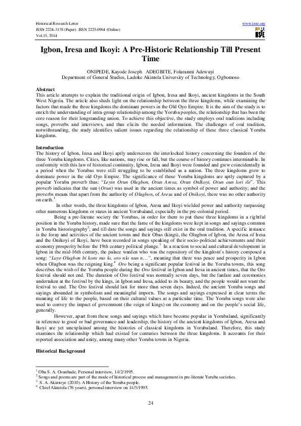(PDF) Igbon, Iresa and Ikoyi: A Pre-Historic Relationship Till Present Time